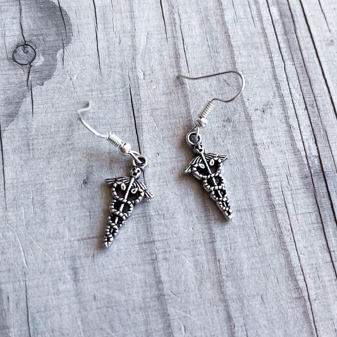 Caduceus Silver Hanging Dangle Drop Earrings Spoon Theory - Etsy