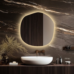 Asymmetrical Round Wall Mirror With Led Lights, Led Bathroom Mirror ...