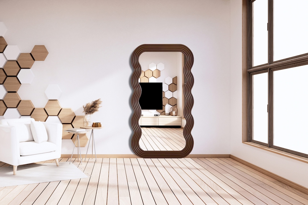 Wooden Full Length Wavy Mirror, Curvy Floor Mirror, Funky Full Body Mirror, Irregular Design ...