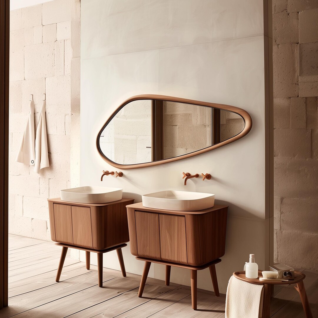 Mid Century Modern Wooden Mirror, Asymmetrical Home Decor Mirror, Wood ...