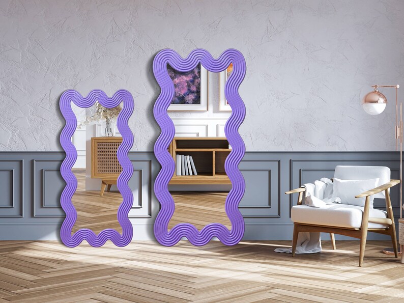 Large Floor Purple Mirror, Wavy Floor Length Mirror, Curvy Full Length ...