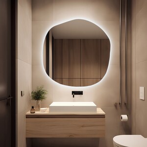 Asymmetrical Round Wall Mirror With Led Lights, Led Bathroom Mirror ...