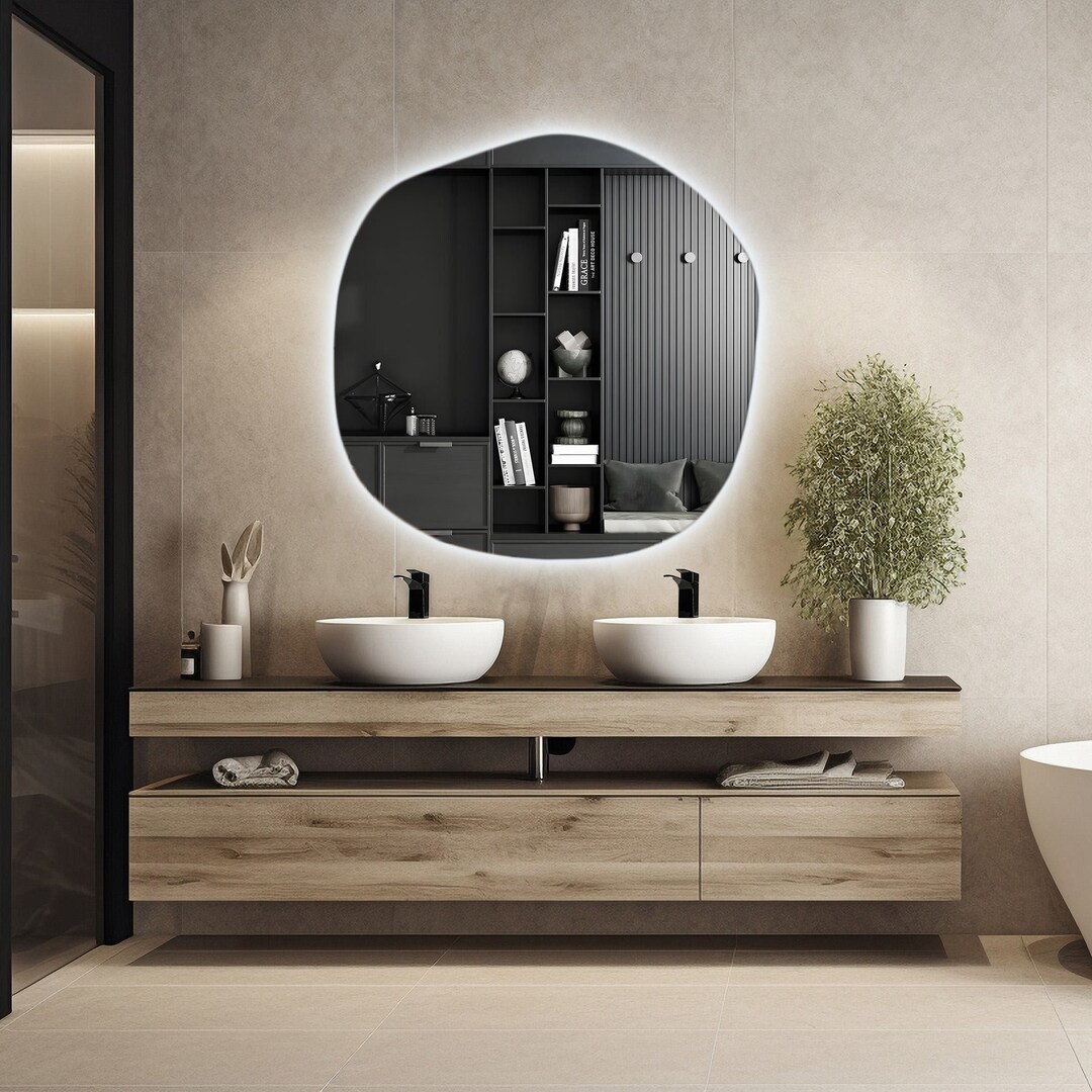 Asymmetrical Round Wall Mirror With Led Lights, Led Bathroom Mirror ...