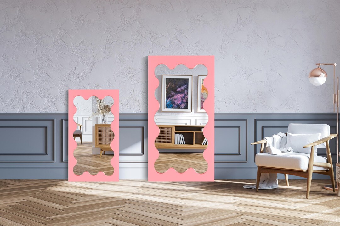 Wavy Pink Floor Mirror, Irregular Full Length Mirror, Curvy Full Body ...
