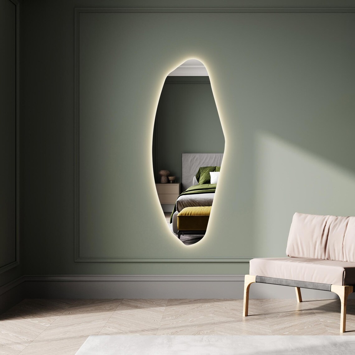 Full Length Mirror With Lights, Asymmetric Large Wall Mirror, Irregular ...