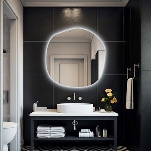 Asymmetrical Round Wall Mirror With Led Lights, Led Bathroom Mirror ...
