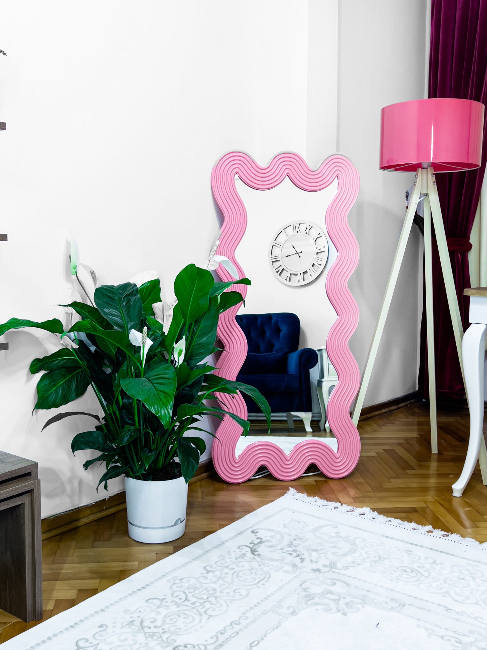 Full Length Curvy Mirror, Wood Frame Mirror, Floor Length Wavy Mirror ...