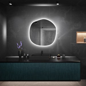 Asymmetrical Round Wall Mirror With Led Lights, Led Bathroom Mirror ...