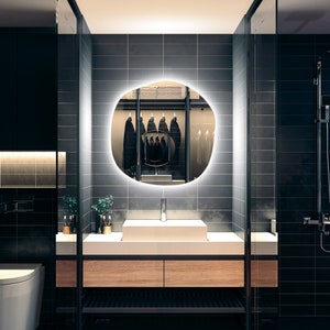 Asymmetrical Round Wall Mirror With Led Lights, Led Bathroom Mirror ...