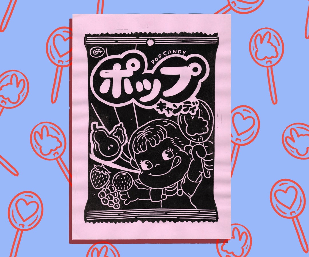 Peko Chan Japanese Candy - A5 Linocut Print on Pink Paper - Packaging ...