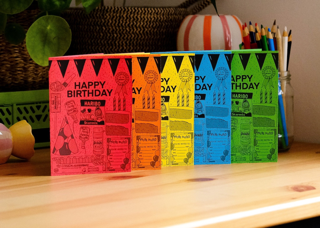 Happy Birthday Cards - Colourful Theme, Playful Illustrations of Food ...