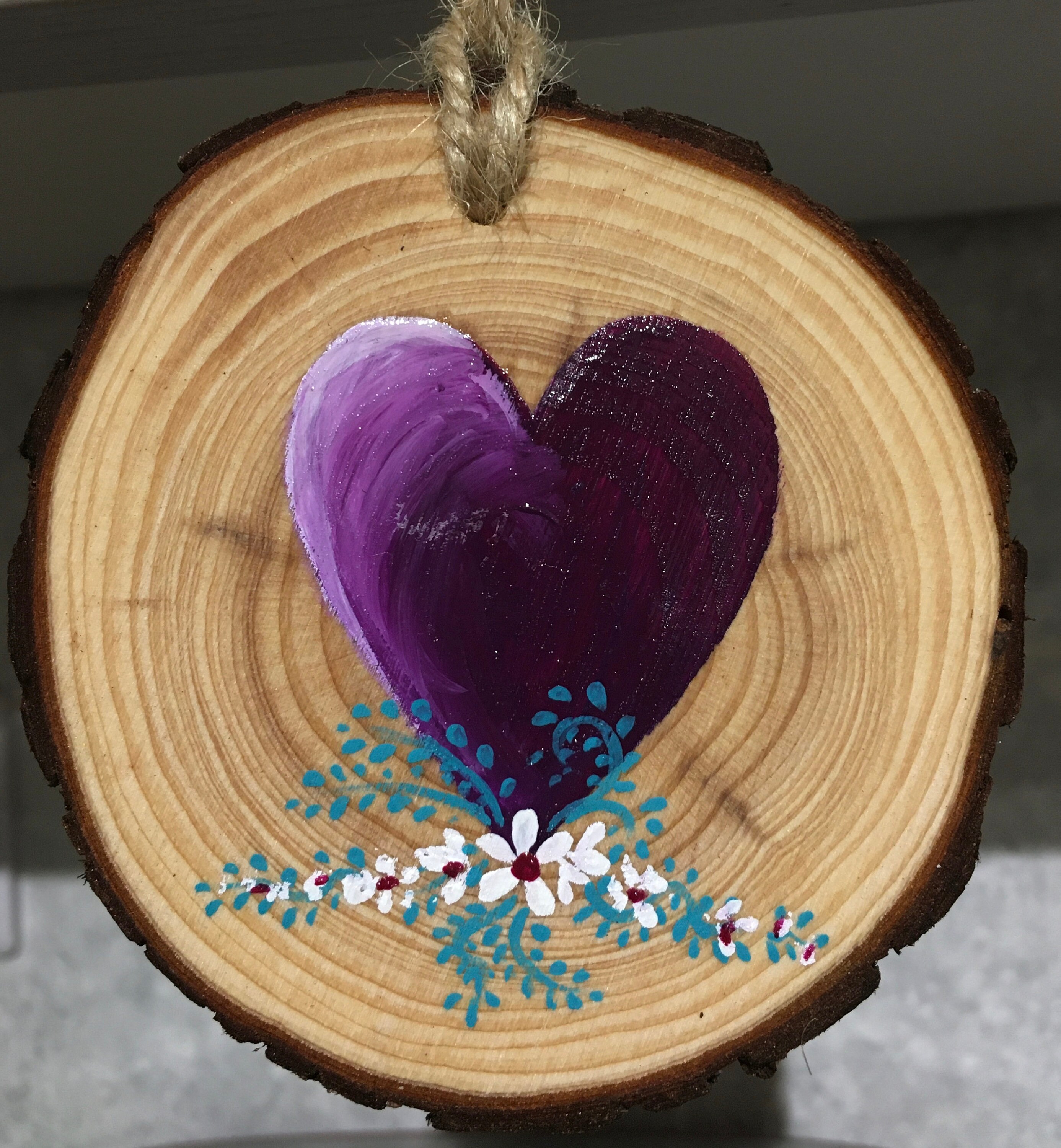Purple hand painted heart on wood slice | Etsy