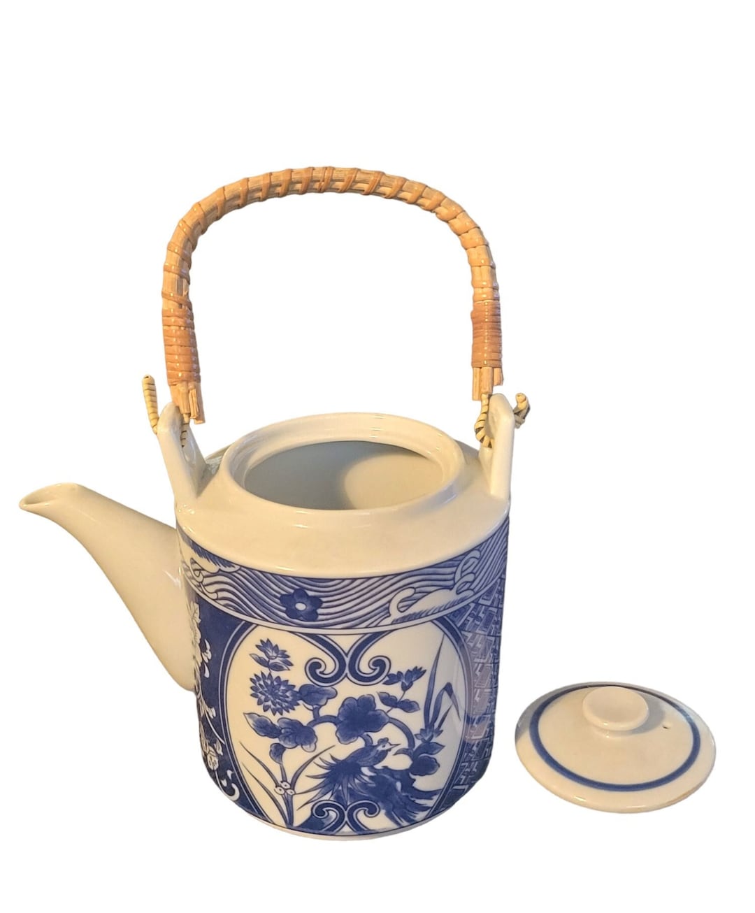 Blue Delft Ceramic Asian Teapot With Woven Bamboo Wicker Handle Blue ...