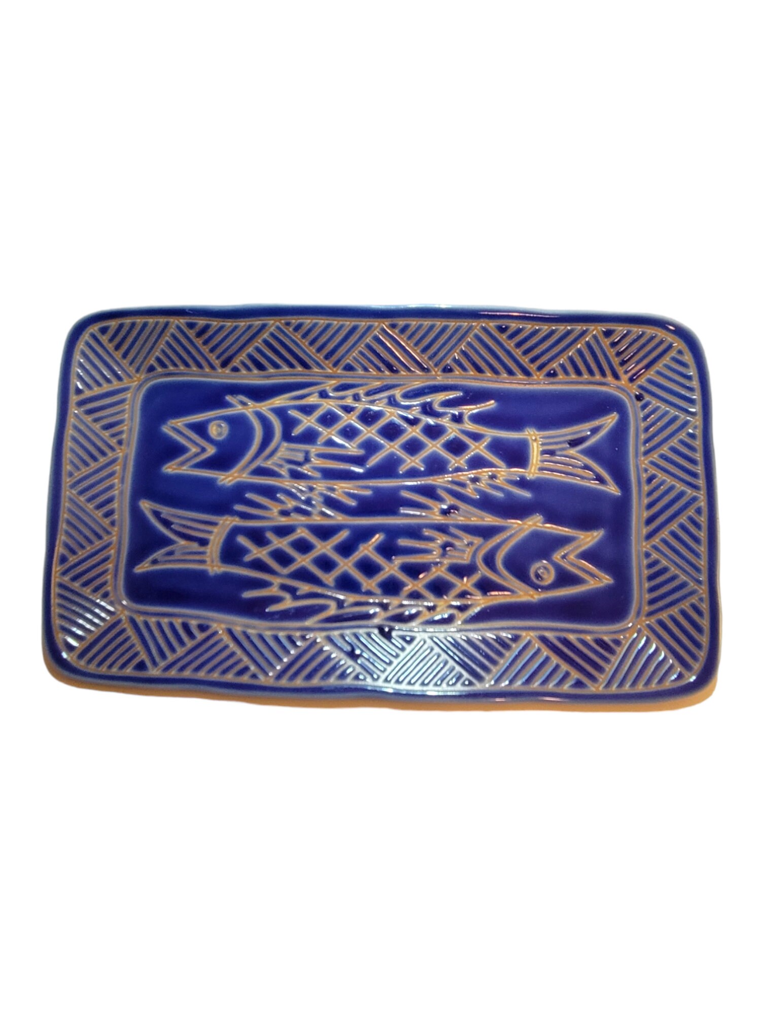 Vintage Cobalt Blue Ocean Azure Japanese Koi Fish Dish Platter Ceramic ...