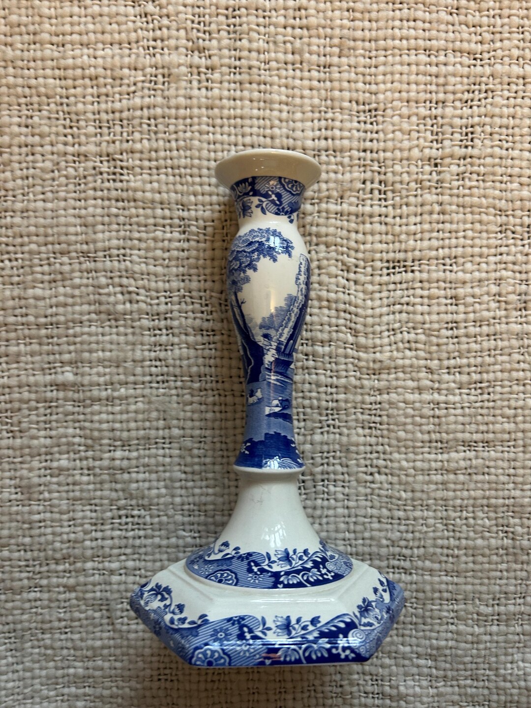 Spode Blue Italian Earthenware Candlestick With Landscape Transferware ...