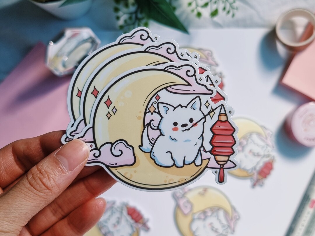 White Dog Mid Autumn Festival Mooncake Waterproof Vinyl Sticker || Dog ...