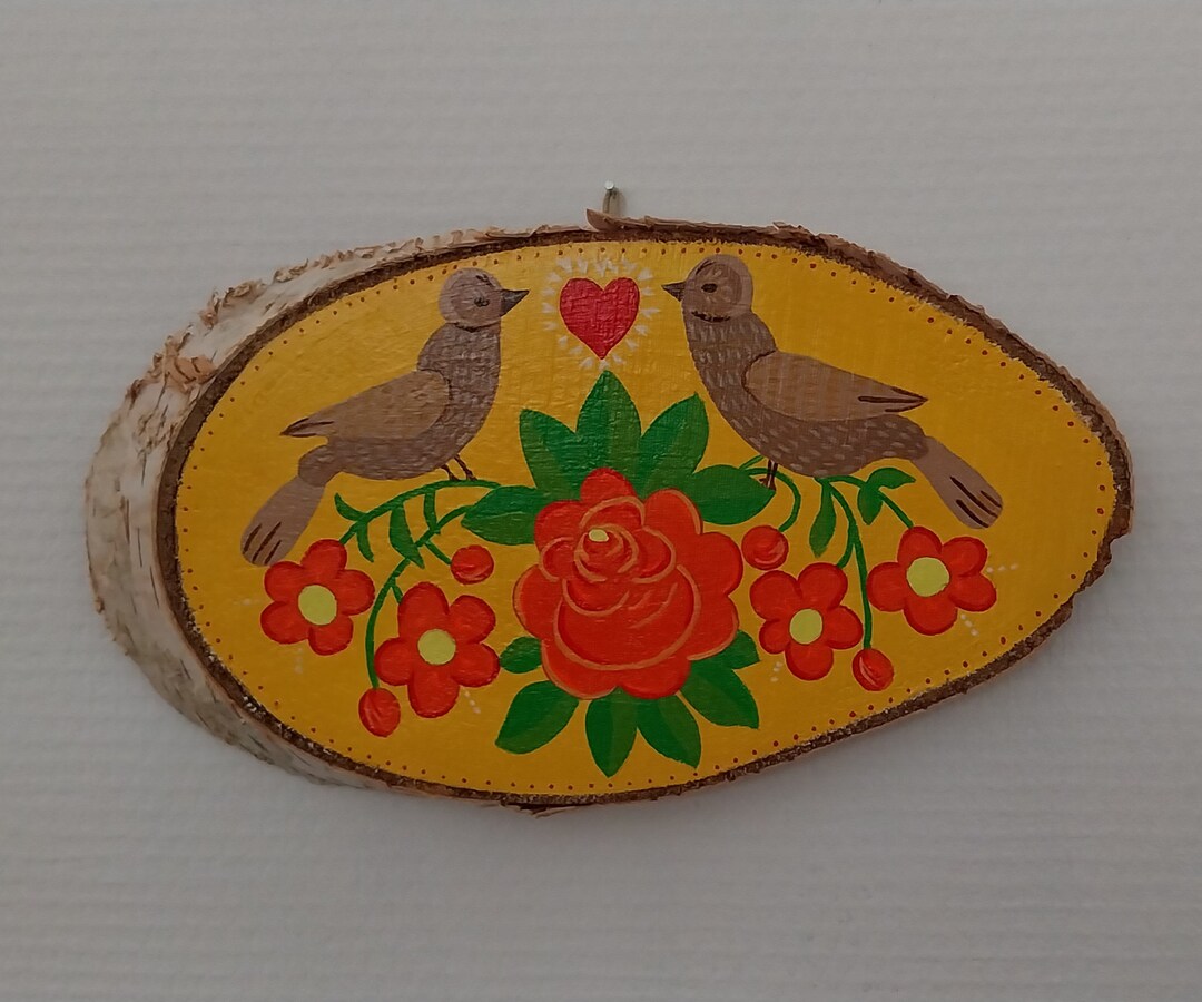 Hand Painted Folklore Illustration With Birds on Wood Slice, Botanic ...