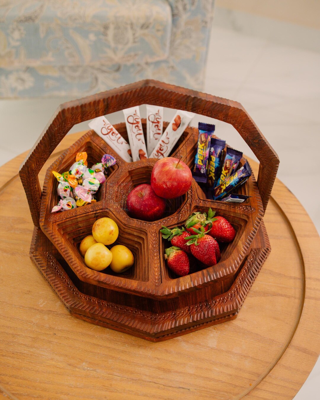 Handcrafted Rosewood Snack Tray With Handle 4-section Wooden Bowl for ...