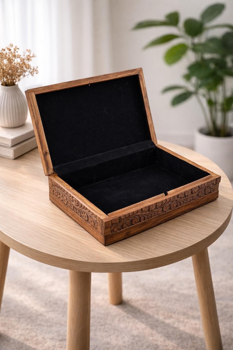 Hand Carved Rosewood Keepsake Box, Engraved Memory Storage, Velvet ...