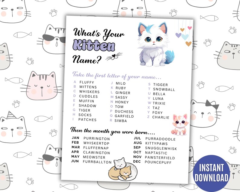 What's Your Kitten Name Game With NAME TAGS + SIGN, Printable Kitten ...