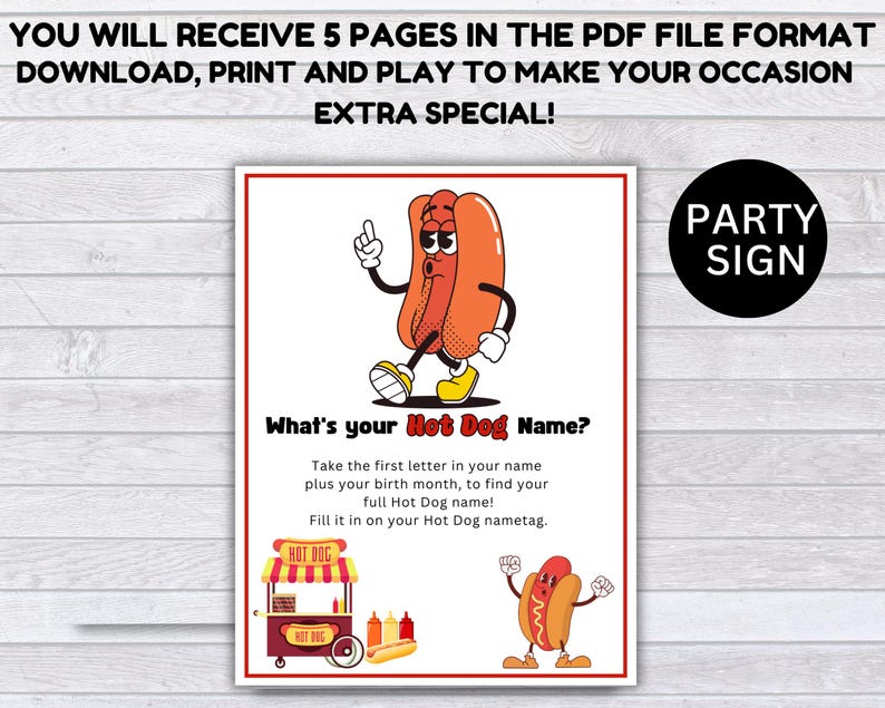 What's Your Hot Dog Name Game, NAME TAGS +signs, Kids Hot Dogs Party ...