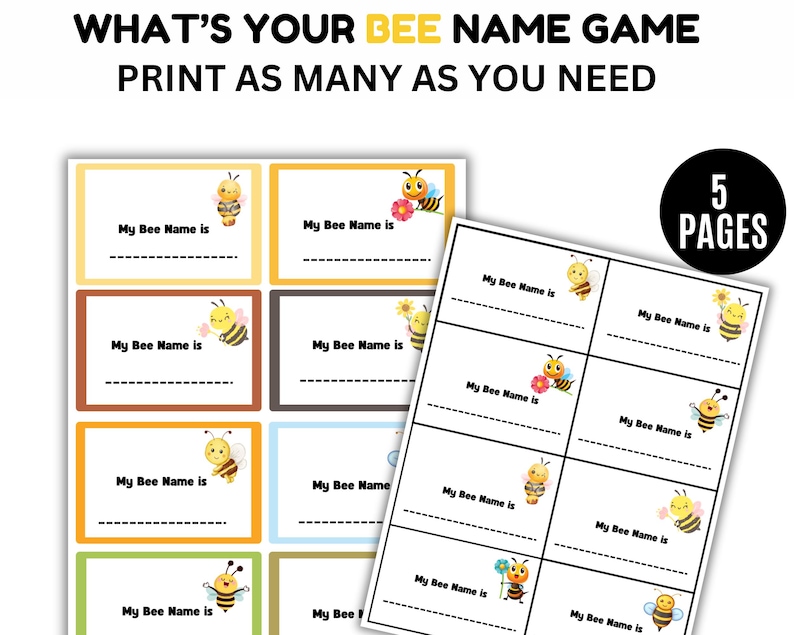 What's Your Bee Name Game, NAME TAGS + SIGN, Bee-themed Printable, Baby ...