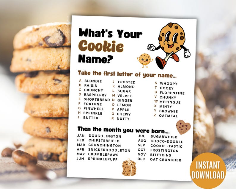 What's Your Cookie Name Game NAME TAGS + SIGN, Cookie-themed Party ...