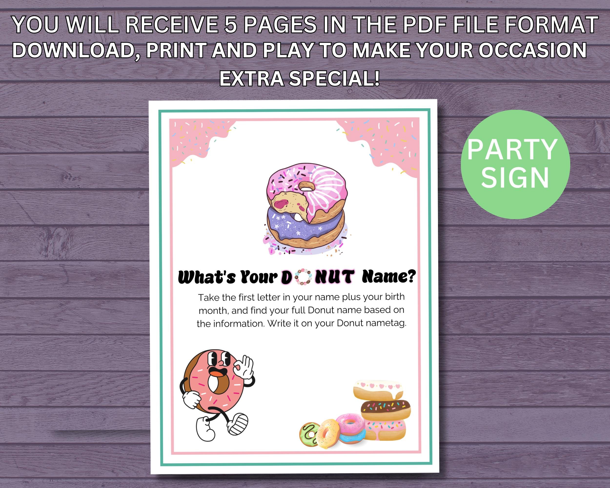What's Your Donut Name Game NAME TAGS + SIGN, Birthday, Baby Shower ...