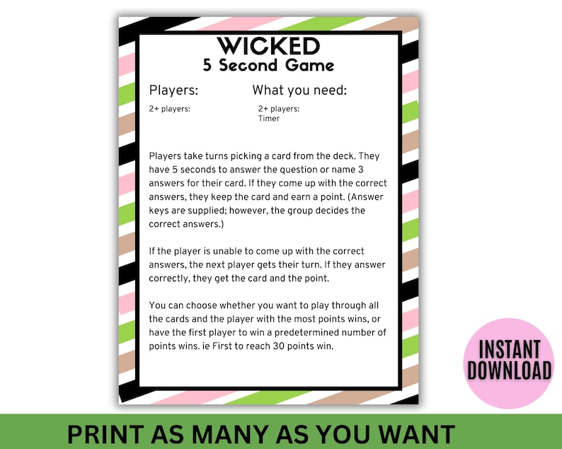 Wicked Theme 5 Second Game, Wicked Movie Musical Themed Party Printable ...