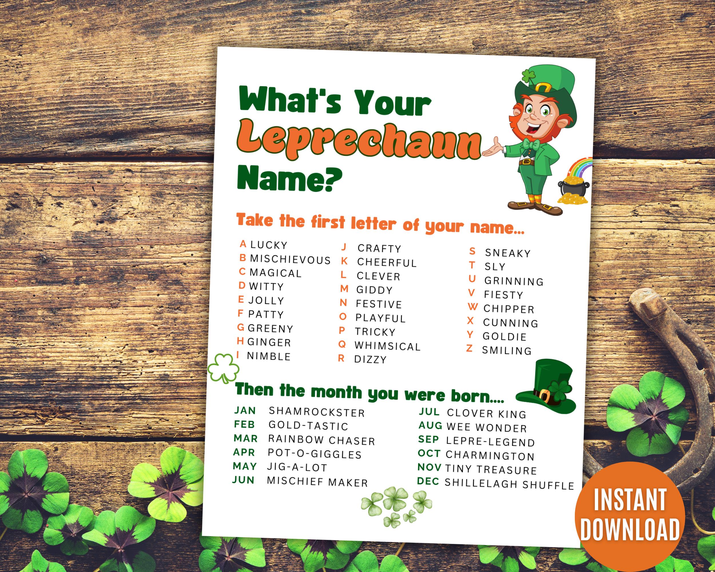 What's Your Leprechaun Name Game NAME TAGS + SIGN, Irish Trivia Party ...