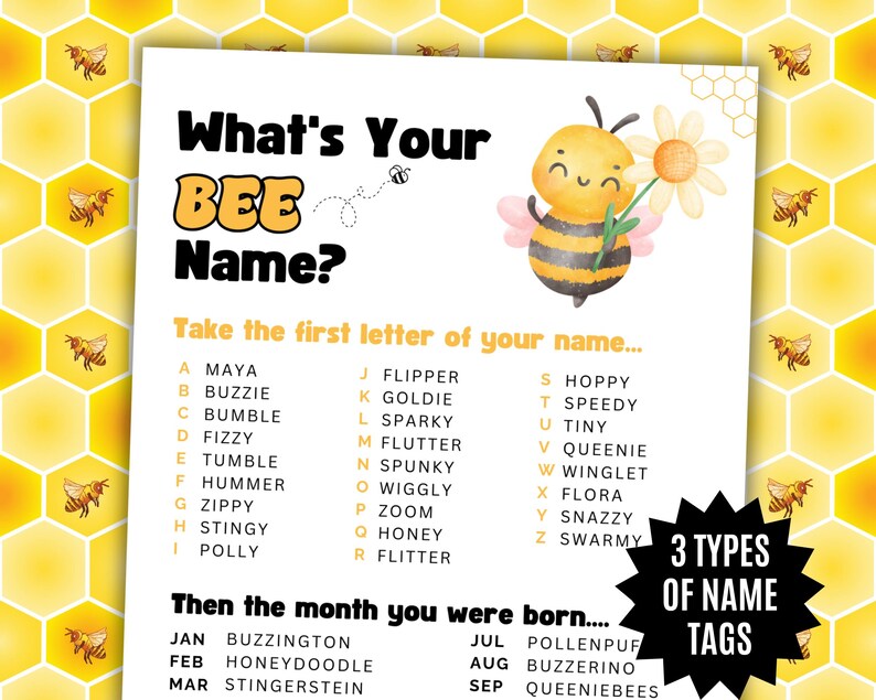 What's Your Bee Name Game, NAME TAGS + SIGN, Bee-themed Printable, Baby ...