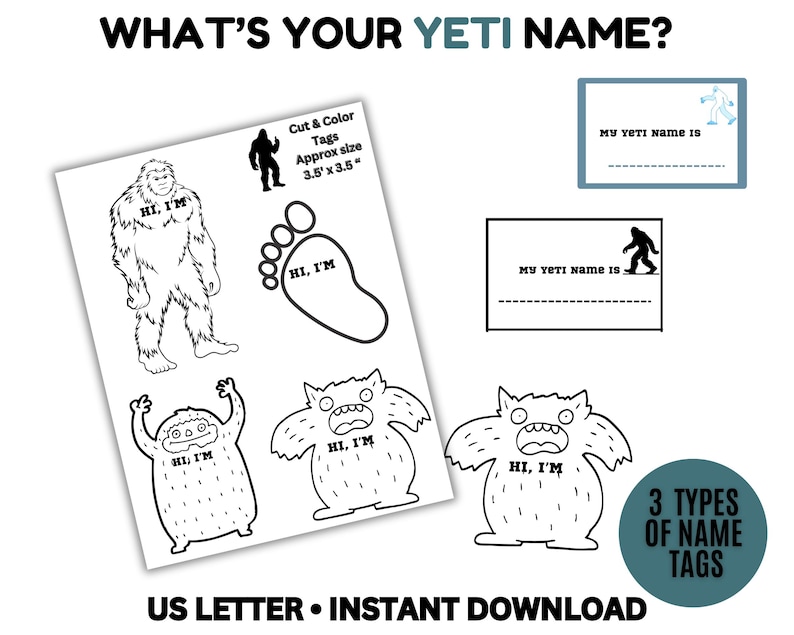 What's Your Yeti Name Game NAME TAGS & SIGN, Yeti Birthday Party ...