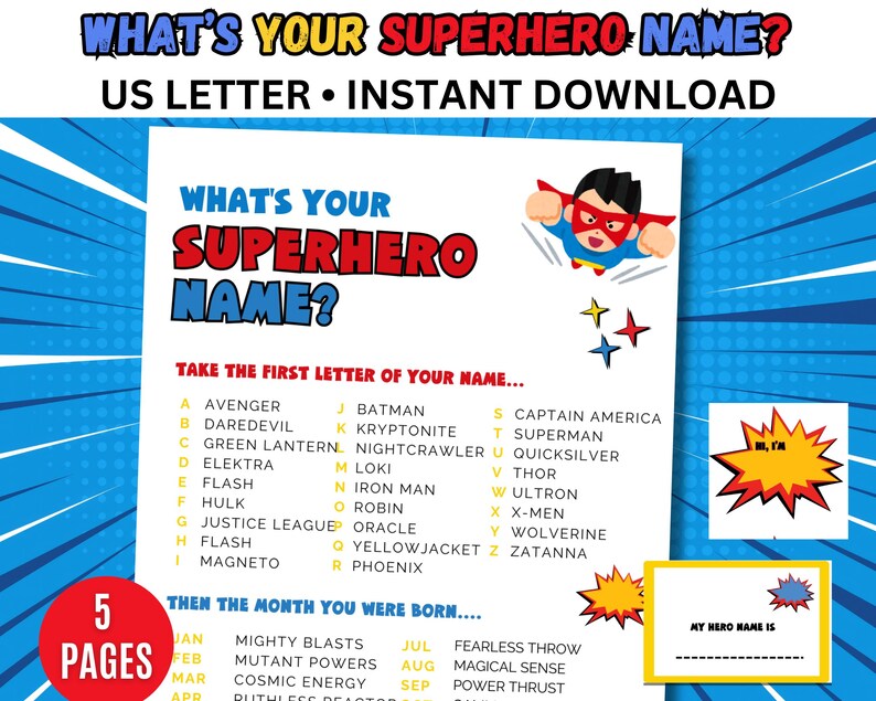 What's Your Superhero Name Game, NAME TAGS + SIGN, Superhero Birthday ...