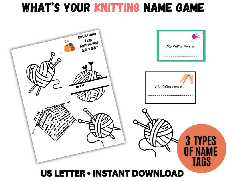 What's Your Knitting Name Game NAME TAGS + SIGN, Knit Enthusiast ...