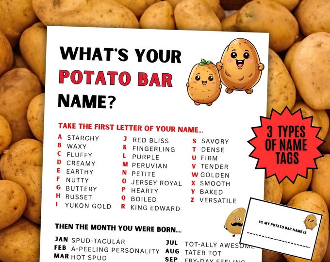What's Your Potato Bar Name Game WITH NAMETAGS +sign,baked Potato Bar ...