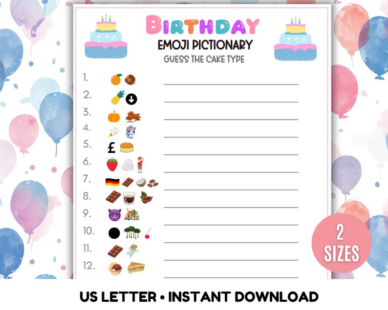 Birthday Emoji Pictionary Game, Printable Trivia Guessing Game, Guess ...
