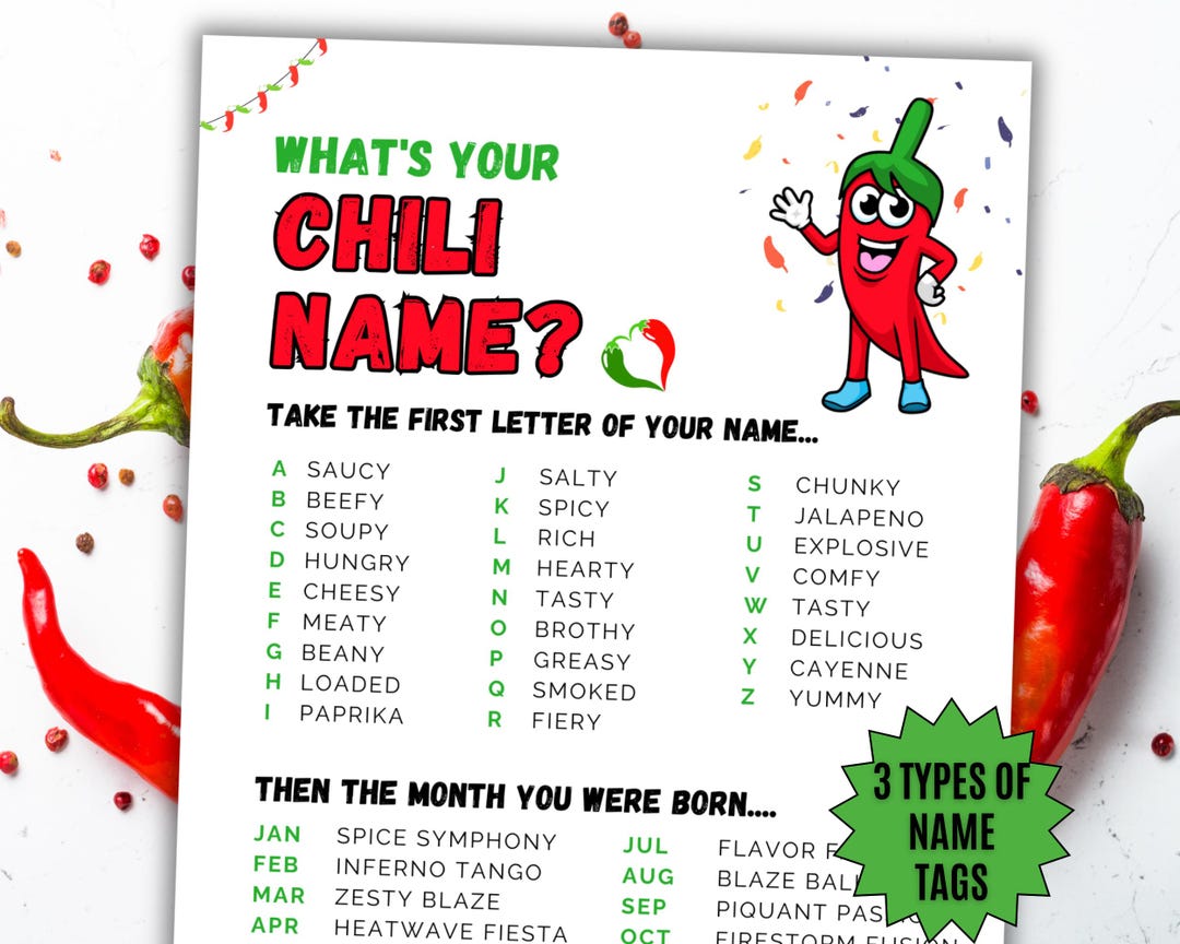 What's Your Chili Name Game NAME TAGS + SIGN, Chili-themed Party ...