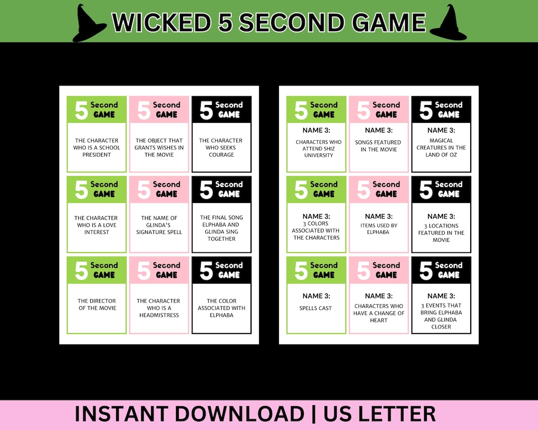 Wicked Theme 5 Second Game, Wicked Movie Musical Themed Party Printable ...