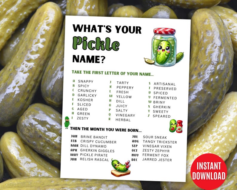 What's Your Pickle Name Game NAME TAGS + SIGN, Dill Pickle Lovers ...