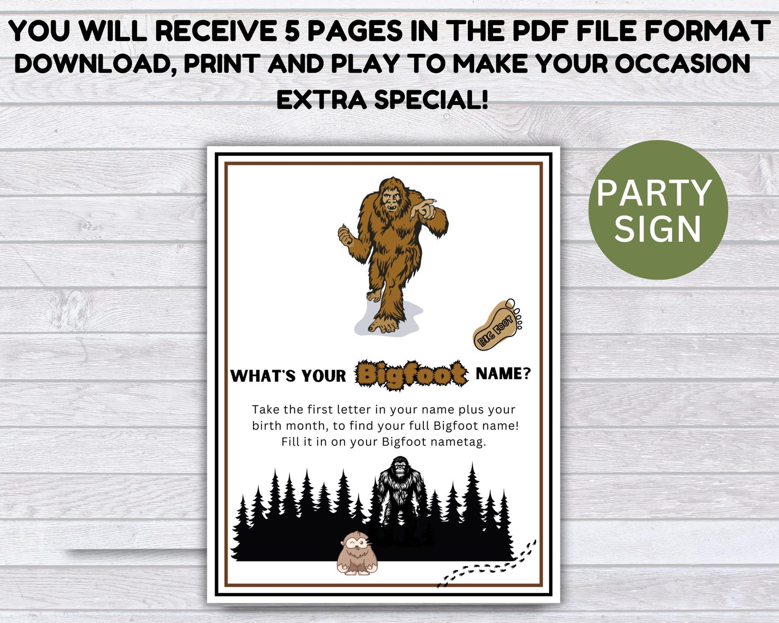 What's Your Bigfoot Name Game NAME TAGS & SIGN, Sasquatch Birthday ...