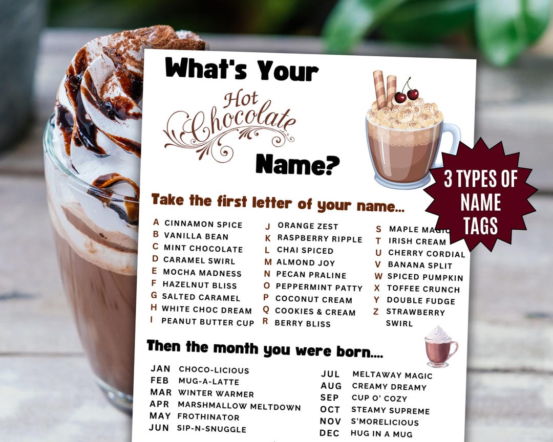 What's Your Hot Chocolate Name Game NAME TAGS + SIGN, Hot Chocolate Bar ...