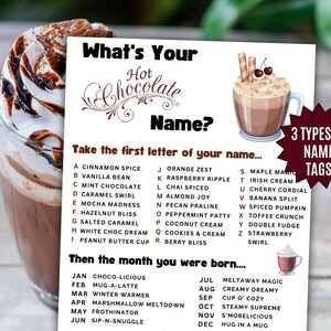 What's Your Hot Chocolate Name Game NAME TAGS + SIGN, Hot Chocolate Bar ...