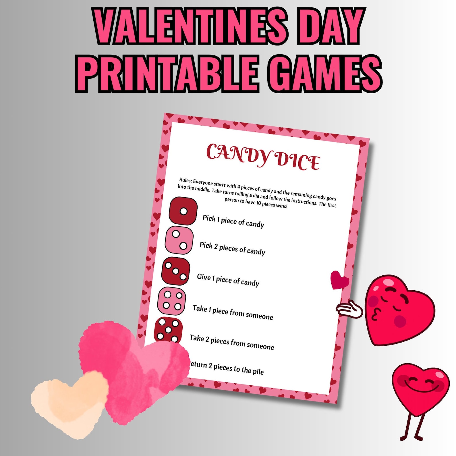 Valentine's Day Candy Game, Printable Rolling Hearts Valentine Games ...