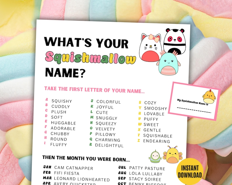 What's Your Squishmallow Name Game NAME TAGS + SIGN, Squishmallow ...