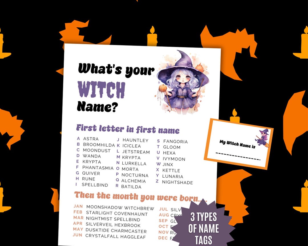 What's Your Witch Name Game, NAME TAGS+ SIGN, Witchy Birthday Printable ...