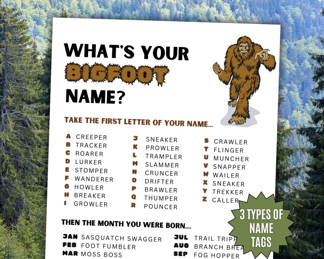 What's Your Bigfoot Name Game NAME TAGS & SIGN, Sasquatch Birthday ...