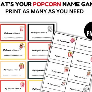 What's Your Popcorn Name Game NAME TAGS + SIGN, Movie Night Games ...
