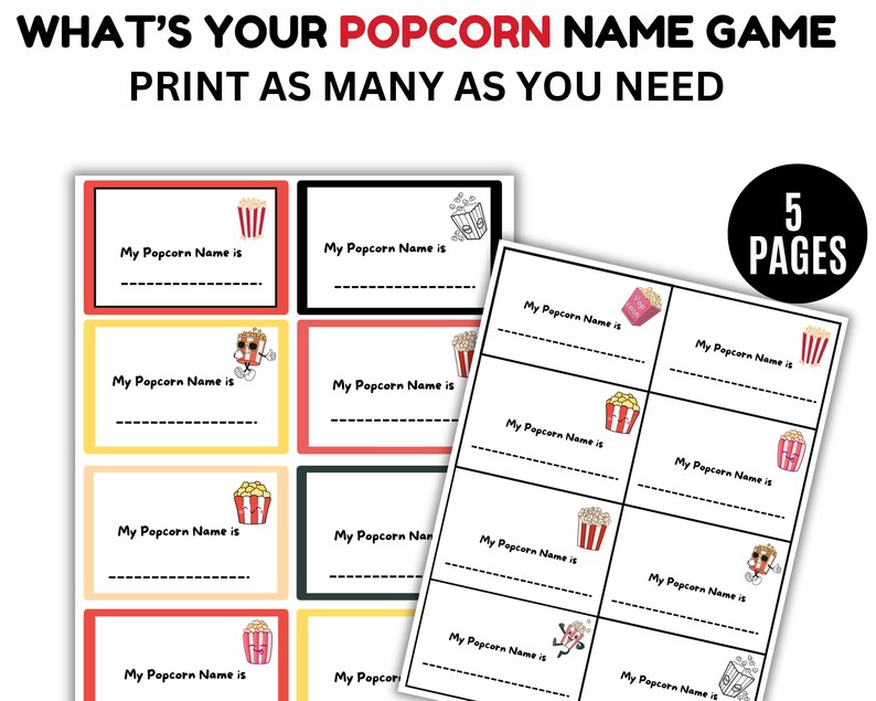 What's Your Popcorn Name Game, SIGN NAME TAGS, Activity Printable ...