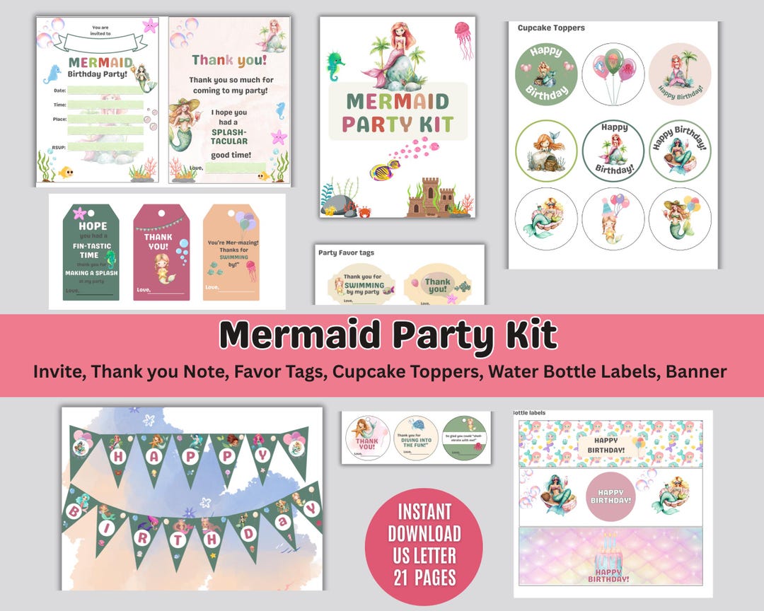Mermaid Party Pack Printable, Little Mermaid Birthday Kit, Invite ...