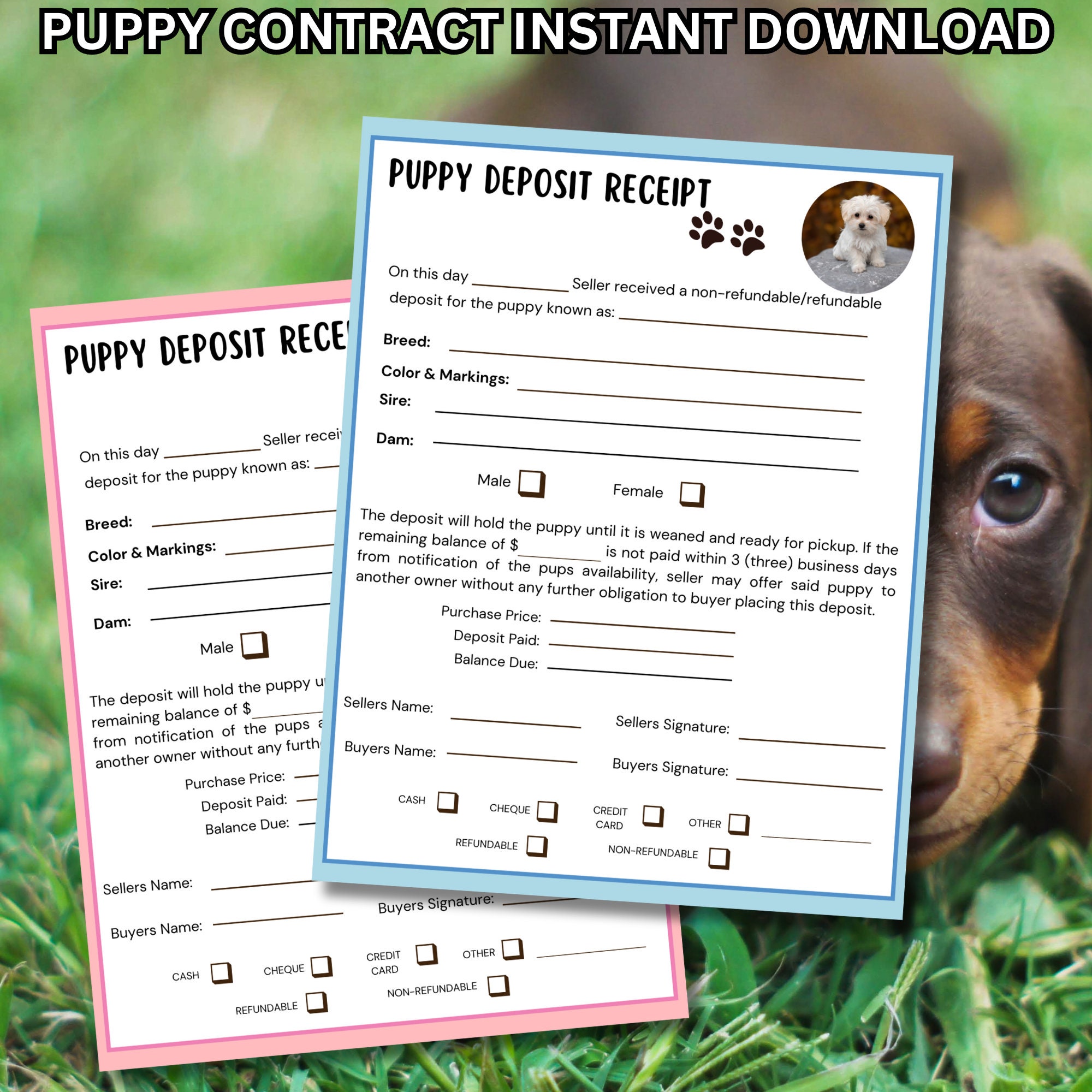 Editable Puppy Deposit Receipt, New Puppy Bill of Sale, Puppy Contract ...